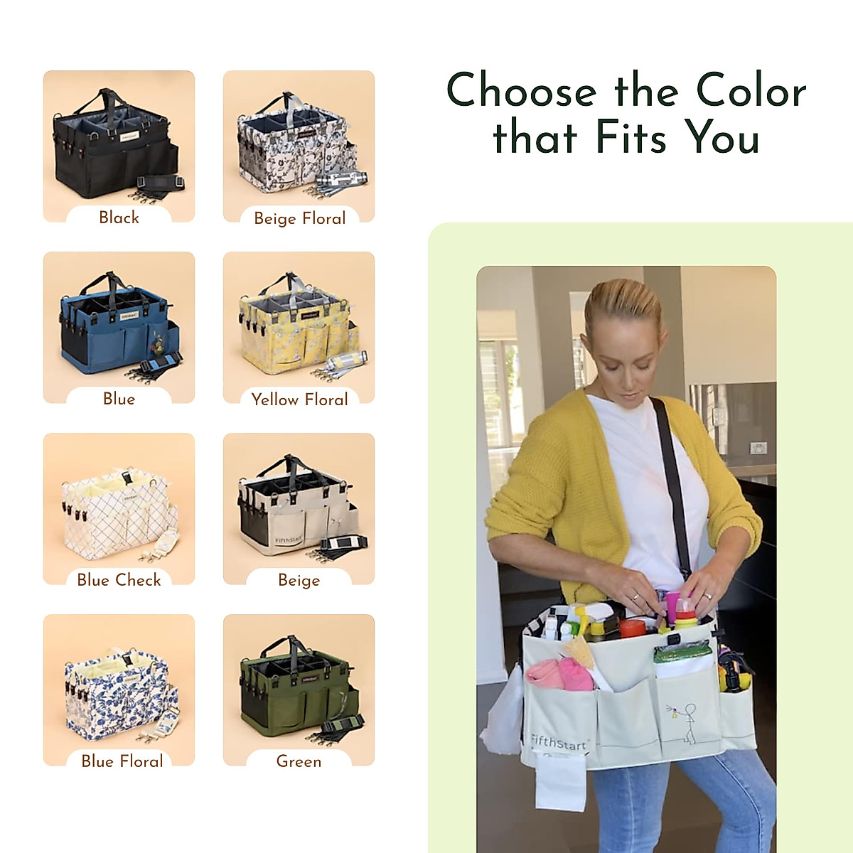 FifthStart Multiuse Cleaning Caddy with Waist & Shoulder Strap - Professional 9 Pockets Tote Bag for Housekeeping Diaper Gardening Fishing Beach Bathroom Organizer Adjustable Compartments, Black Large