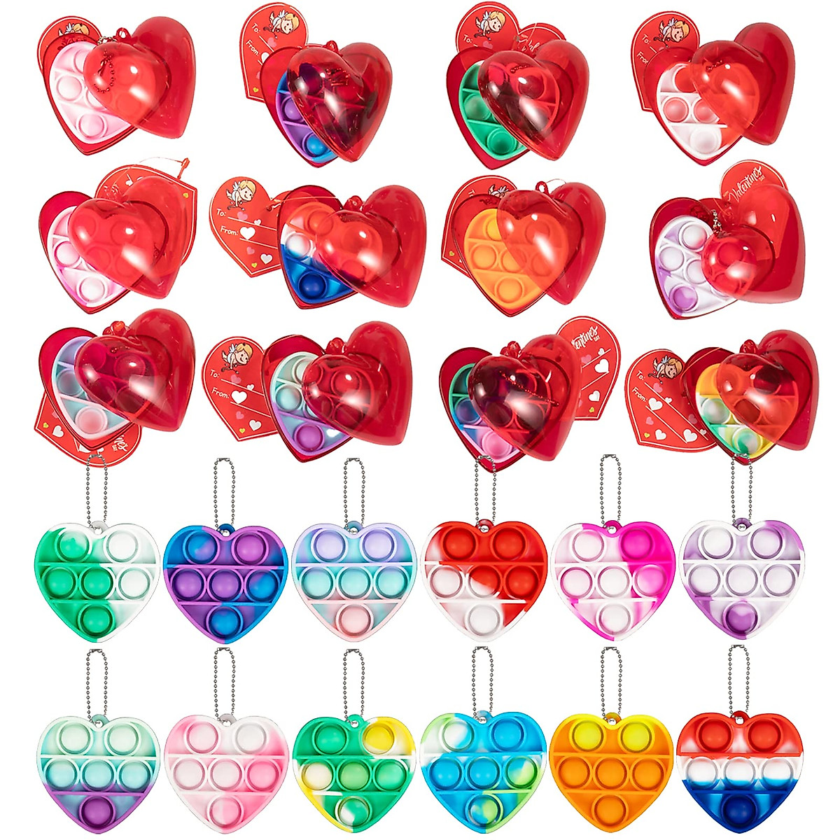 Kids Valentines Gifts Mini Pop Set - 12 Pack Valentine's Day Heart Boxes with Fidget Keychains and Gift Cards for Kids School Class Exchange Gifts Valentines Party Favors