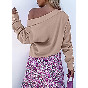 Dokotoo Women Ladies Sexy Off The Shoulder Tops Autumn Casual V Neck Long Sleeve Sweatshirt Blouse Khaki Medium