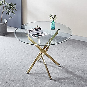 Henf Modern Glass Round Top Dining Table with Gold Metal Legs, Contemporary Circle Tempered Glass Dining Table with Stainless Steel Base for Home Office Kitchen Dining Room (Table Only)