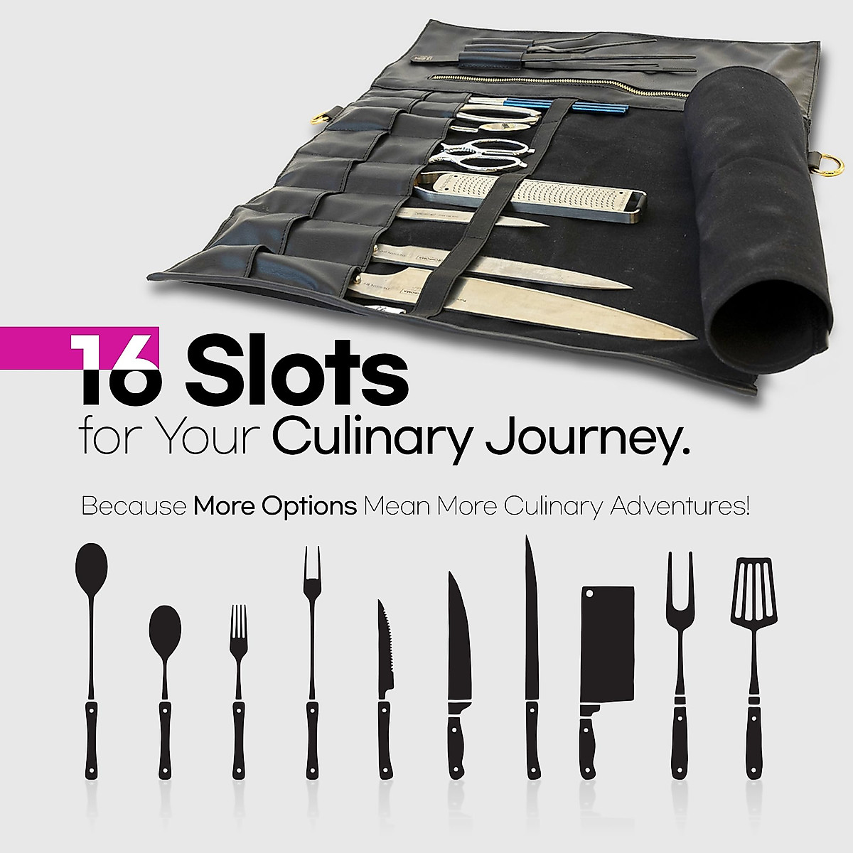 Knife Roll, Durable Waxed Canvas Chef Bag - 16 Total Slots for Knives & Kitchen Tools, A Large Zipper Pocket for Cutlery, Blades Case, Portable Pouch with an Adjustable Shoulder Strap