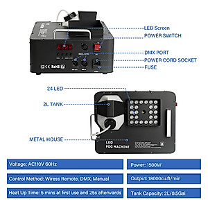 TCFUNDY 1500W Fog Machine for Halloween, DMX RGB 3 in 1 24 LED Smoke Machine Stage Lighting Vertical Spray with Remote Control