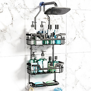 SWTYMIKI 3 Tier Rustproof Hanging Shower Caddy with 16 Hooks & Dual Soap Holder, Large Capacity Over Shower Organizer for Bathroom Shower Room, Black
