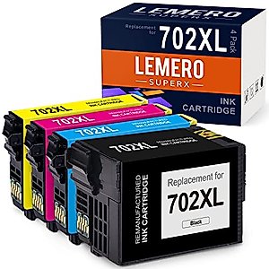 LemeroSuperx 702XL Remanufactured Ink Cartridge Replacement for Epson 702 702XL for Workforce Pro WF-3720 WF-3730 WF-3733 Printer (1 Black, 1 Cyan, 1 Magenta, 1 Yellow, 4 Pack)
