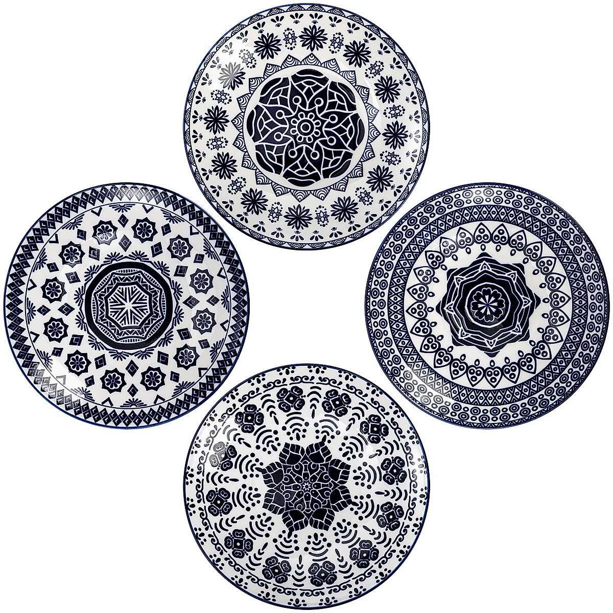 Foraineam 8 Pack Porcelain Salad Plates, 6-3/4 inch Blue and White Floral Shallow Round Serving Plate for Appetizer Salad Dessert and Snack, Microwave & Dishwasher Safe