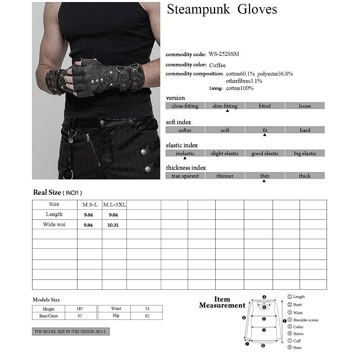 Punk Rave Steampunk Fingerless Gloves for Men Motorcycle Cotton Gloves Grey Coffee Driving Gloves (XL-XXXL, Grey)