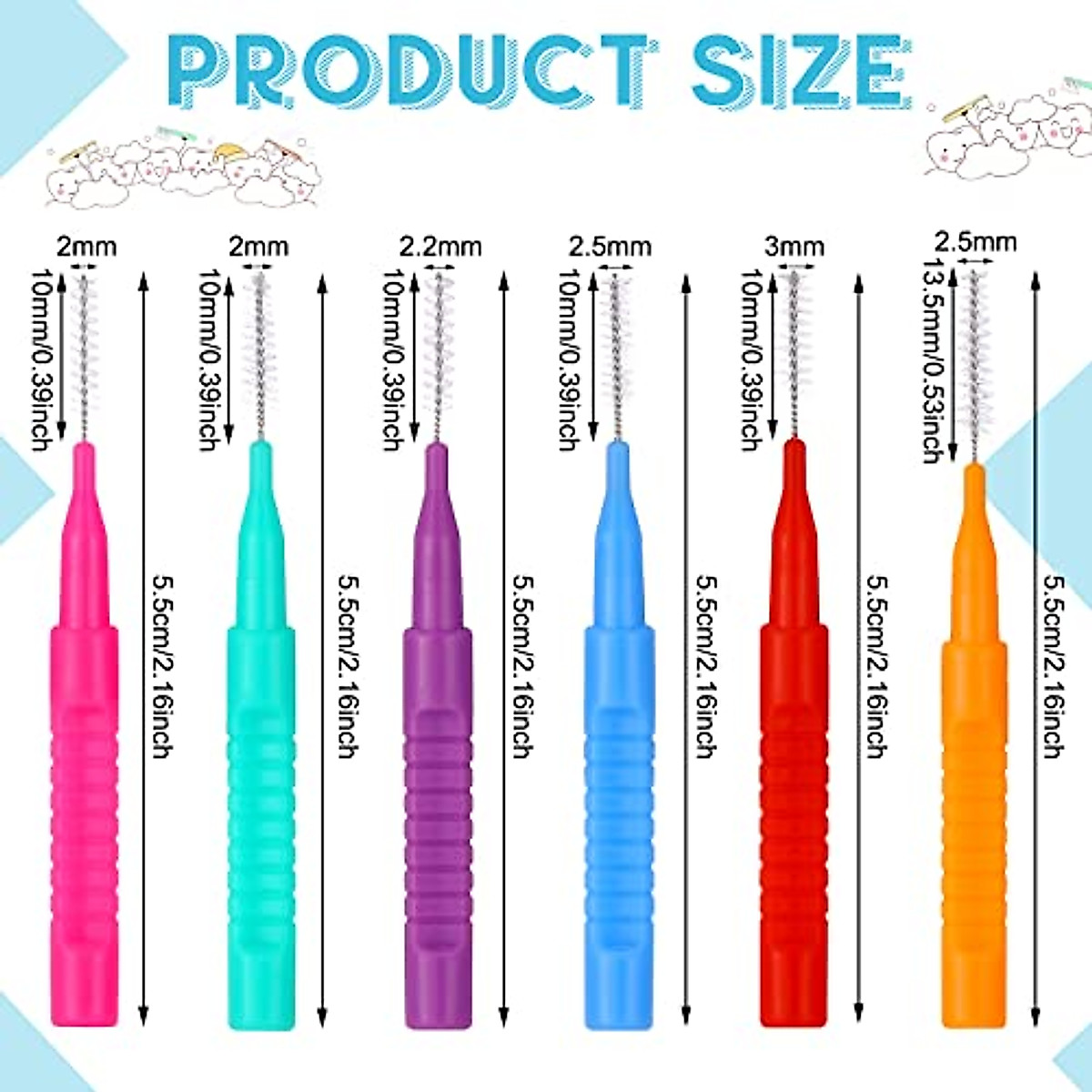 Yinder 100 Pcs Braces Brushes for Cleaner Interdental Brush Toothpicks Teeth Cleaning Soft Flossing Heads Floss Dental Tools Braces Flossers Tooth Picks Flossers with Bristles, 6 Colors and Sizes