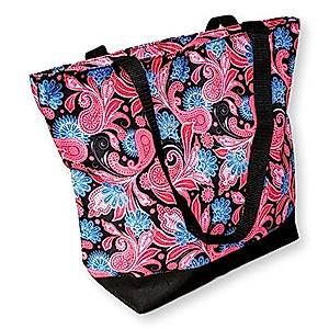 Women Teen Fashion Print Lined Top Zipper Tote Bag Handbag with Lined Interior - Can be Personalized (Black Trim Pink Paisley)