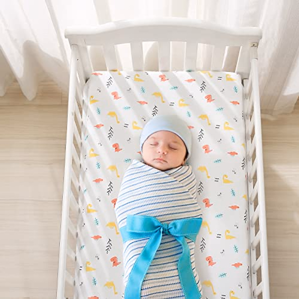 POSENPRO 2 Pack Cotton Pack N Play Sheets, Mini Portable Crib Sheets Set Fitted for Pack N Play Mattress Pad and Mini Cribs - Dinosaurs, Rainbows, Clouds & Monsters