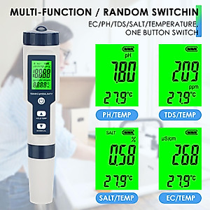 5 in 1 PH Meter for Water, PH/TDS/EC/Temp/Salt Meter, Salt Tester for Saltwater Pool, 0.01 Resolution High Accuracy Digital PH Tester for Hydroponics, Water, Wine, Aquariums and Fish Tank