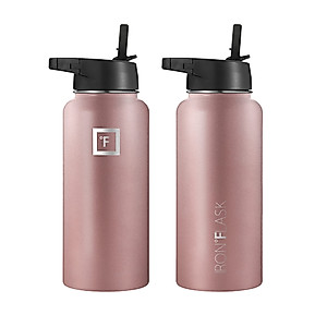 IRON °FLASK Camping & Hiking Hydration Flask, Wide Mouth, 3 Straw Lids, Stainless Steel Outdoor Water Bottle, Double Walled, Insulated Thermos, Metal Canteen - Rose Gold, 32 Oz