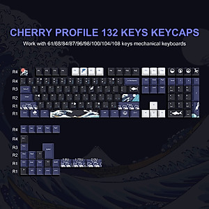 XVX PBT Keycaps 132 Keys, Great Wave Off Kanagawa Japanese Keyboard Keycaps, 5 Side DYE-Sub Custom Keycap Set, Cherry Profile Keycaps for Cherry Gateron MX Switches Mechanical Keyboard