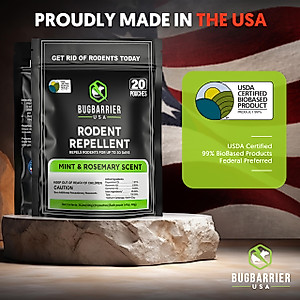 BugBarrier's Extra-Strength Mouse Repellent Pouches, USDA 99% Biobased, Peppermint & Rosemary Oils Repel Mice Nesting & Freshen Air in Car, RV, Boat, Garage, Shed, Cabin Made in The USA (Pack of 20)