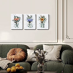 Rustic Flower Canvas Wall Art for Living Room 3 Piece Floral Bouquet in Vase with Rope Love Home Life Theme Inspirational Artwork Framed Botanical Print for Home Bedroom Bathroom Farmhouse,12x16inch