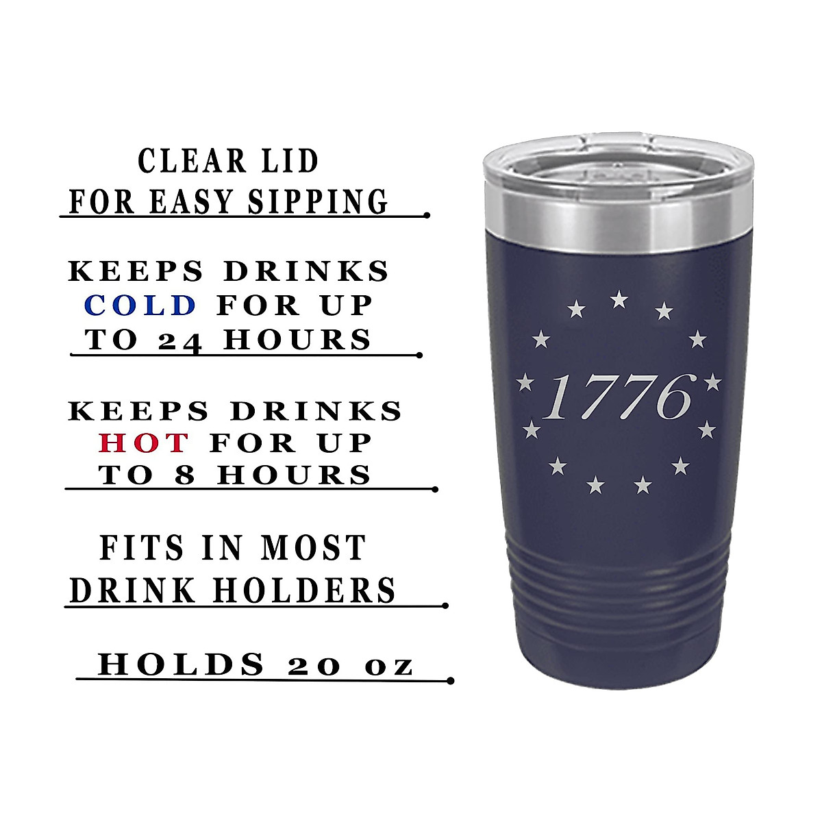 Rogue River Tactical Betsy Ross 1776 American USA Flag 20 Oz. Travel Tumbler Mug Cup w/Lid Vacuum Insulated Hot or Cold Military Vet Gift (Blue)