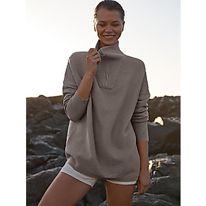 ANRABESS Women Quarter Zip Oversized Casual Loose Rib Knit Cozy Pullover Sweaters Top 2025 Fall Fashion Outfits Clothes Gray Coffee Medium