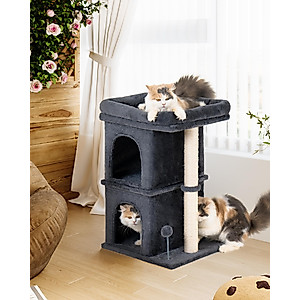 Aechonow Cat Tree for Large Cat, 19 * 16.5In Large Cat Perch, Adult Cat Tower for Indoor Cats with 24In Long Scratching Post, 2 Cozy Cat Condo House for Adult & Fat Cats, Dark Gray
