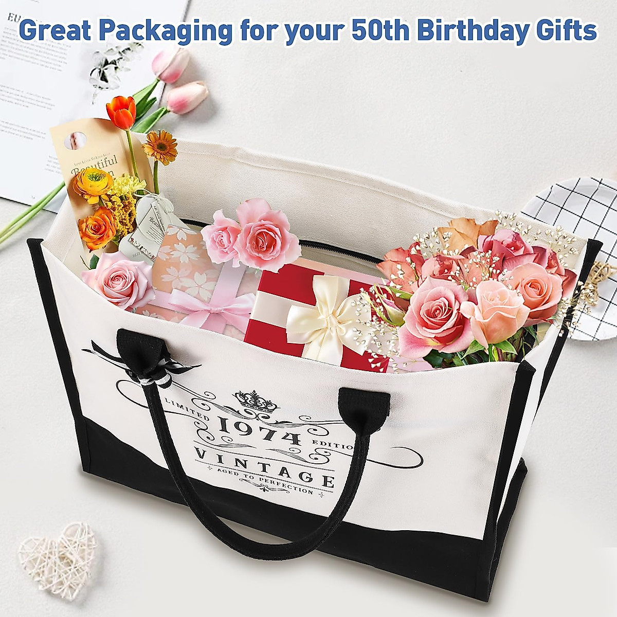50th Birthday Gift for Women, Canvas Tote Bag for Women 1974, Keepsake Gift for Her Turning 50, 50th Birthday Party Decorations, Great 50th Birthday Gift Packaging Bags, 50th Birthday Gifts for Her