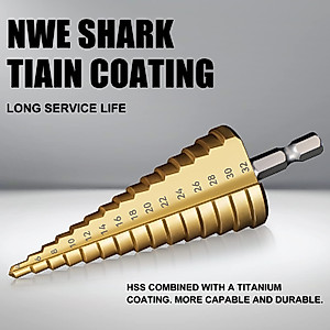 Step Drill Bit Set Metric 3PCS with Bag, Automatic Center Punch (4-12mm/4-20mm/4-32mm), 1/4" Hex Shank Quick Change Titanium Coated High Speed Steel Drill Bits for Copper/Aluminum/Wood/Plastic