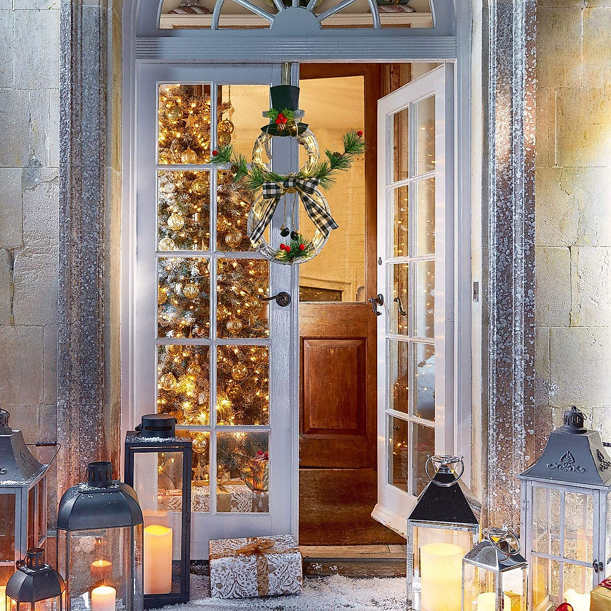 DearHouse Lighted Christmas Wreath Decoration, 16 x 8 Inch Grapevine Wreath with Hat and Bow Snowman Shape Wreath for Front Door Home Garden Wall Decor