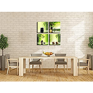 Pyradecor Modern 4 Panel Stretched Contemporary Zen Canvas Prints Perfect Bamboo Green Pictures on Canvas Wall Art for Home Office Decorations Living Room Bedroom