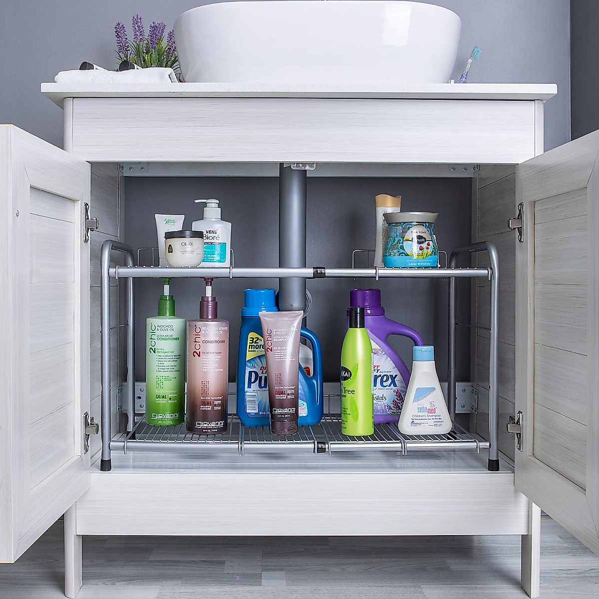 Flagship 2 Tier Under Sink Organizers and Storage Rack Expandable Cabinet Shelf Rack for Kitchen Bathroom Silver (16-25 inches)