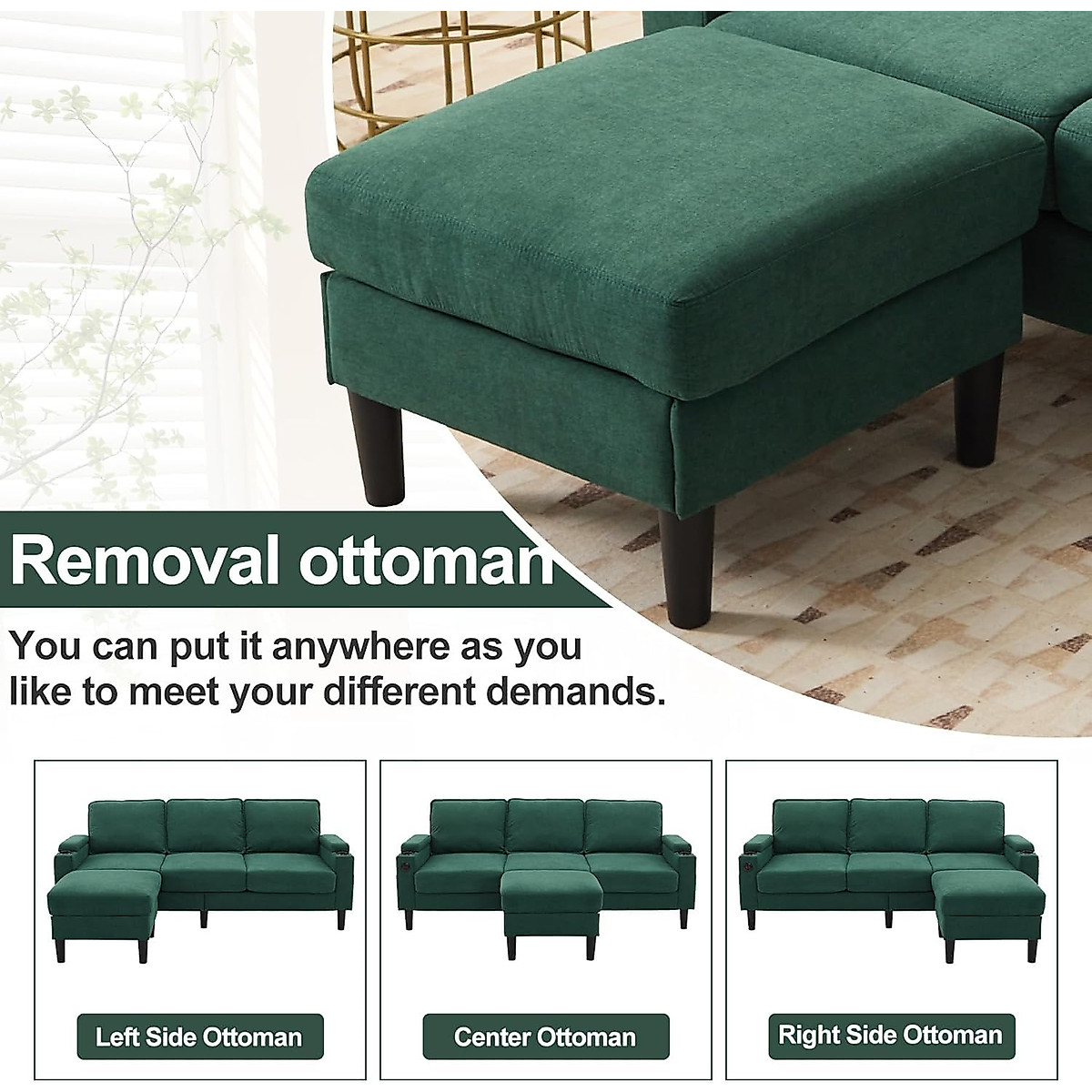 78'' Sectional Modular Sofa L Shaped Couches for Living Room, Small 3 Seat Sofa Couch with Storage Ottoman, Comfy Linen Fabric Upholstered Couch with USB Ports & Cup Holder Furniture, Green