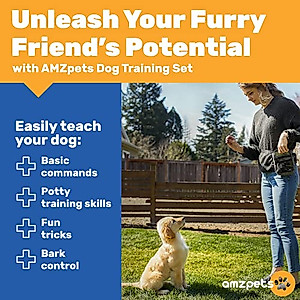 AMZpets Dog Training Set, Puppy Supplies Starter Kit with Dogs Clicker, Treat Pouch Bag, Housetraining Door Bells, Ultrasonic Whistle, for Teaching Pet Commands, Bark Control, and Potty Training