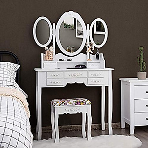 CHARMAID Vanity Set with Tri-Folding Mirror and Cushioned Stool, Dressing Table with 7 Drawers and a Shelf, Antique Makeup Table with Removable Top, Vintage Makeup Vanity Set for Women Girls (White)