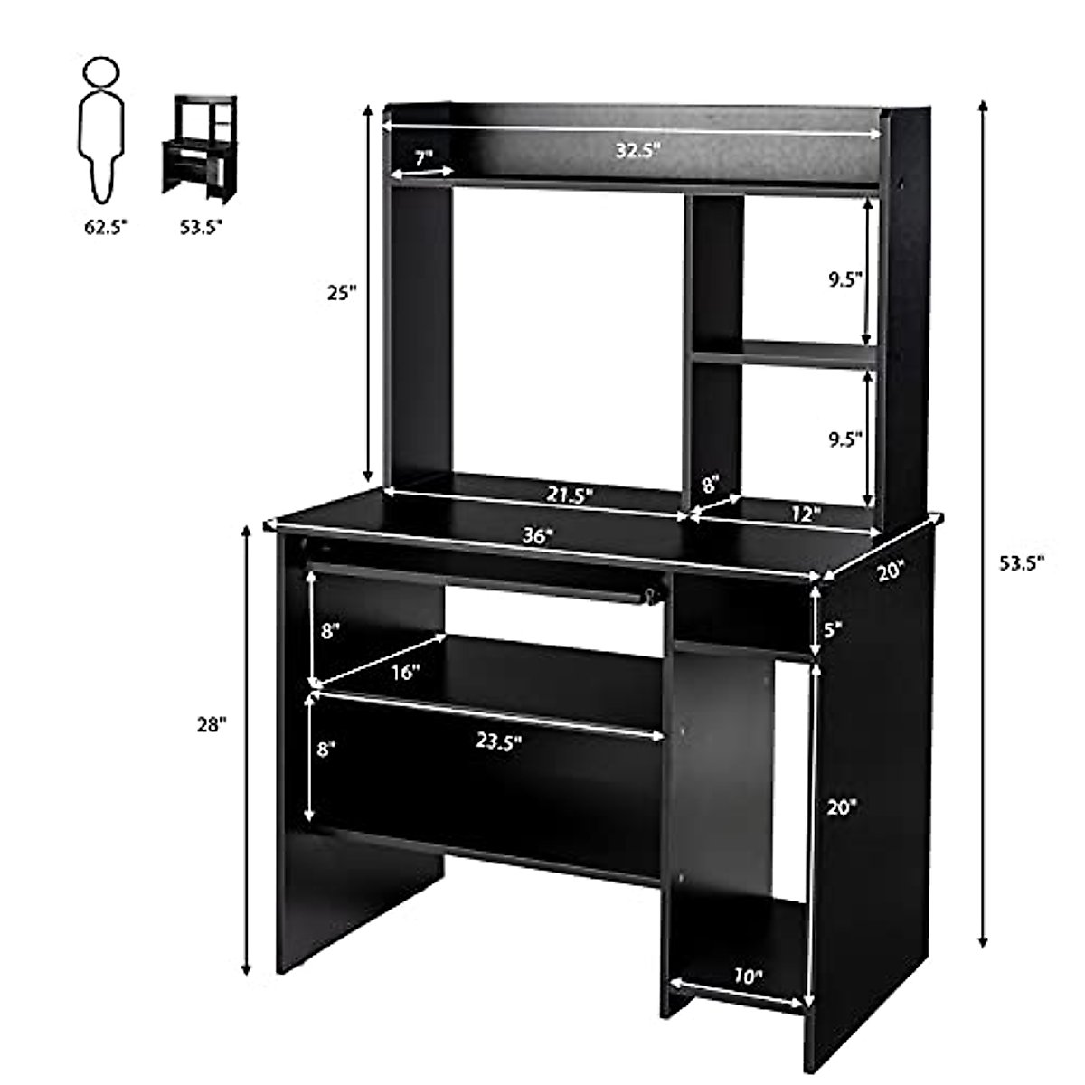 Tangkula Computer Desk with Hutch, Home Office Desk with Keyboard Tray & CPU Stand, Space Saving Study Writing Desk with Storage Bookshelves, Desk Workstation with Hutch for Bedroom, Black
