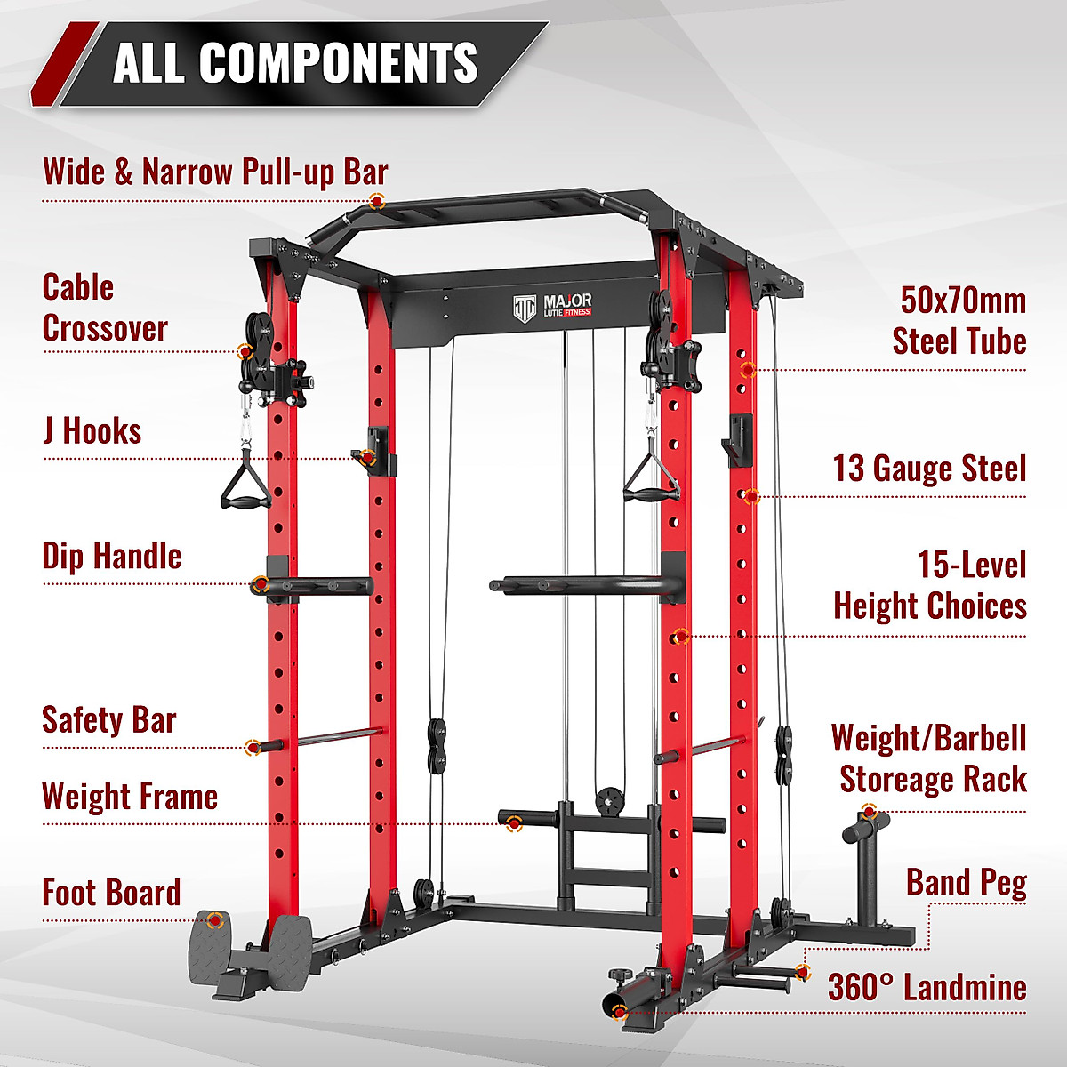 Major Fitness Power Cage, PLM03 All-in-One 1400lbs Multi-Function Power Rack with Adjustable Cable Crossover System and Exercise Machine Attachment(Red)