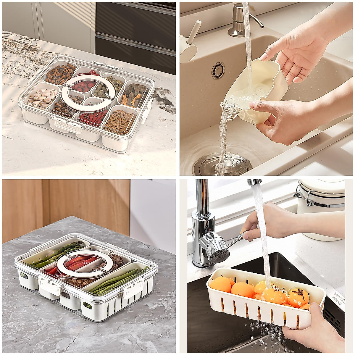 AYangrise 8-Compartment Divided+4 compartments for draining water Divided Clear Food Storage Container with Lid and Handle - Versatile Snack Tray for Refrigerator, Party, Travel, and Picnic