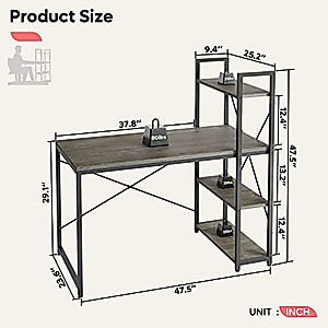 Bestier Computer Desk with Shelves - 47 Inch Home Office Desks with Bookshelf for Study Writing and Work - Plenty Leg Room and Easy Assemble, Gray
