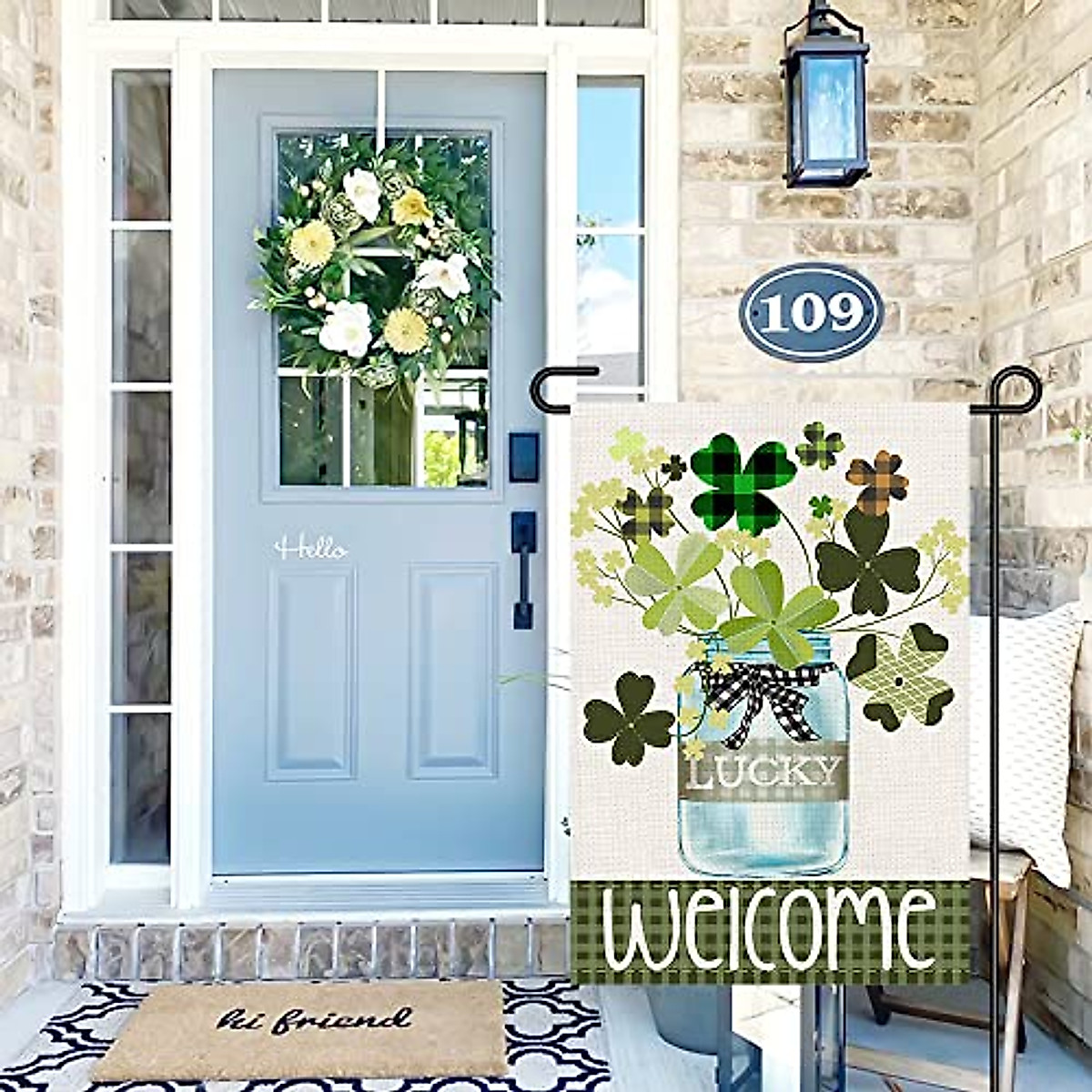 St Patricks Day Garden Flag 12x18 Inch Double Sided Burlap, Welcome Lucky Shamrocks Sign Seasonal Yard Outdoor Decorations DF186