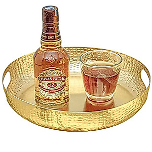 MyGift 12 Inch Round Brass Metal Handcrafted Unique Serving Tray with Hammered Pattern Design and Cut Out Handles, Decorative Coffee Table Tray - Handmade in India