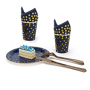 DGVR Blue and Gold Party Supplies Disposable Party Dinnerware Set 125PCS Dark Blue Paper Plates Napkins Cups Serve 25 for Graduation Birthday Party Wedding