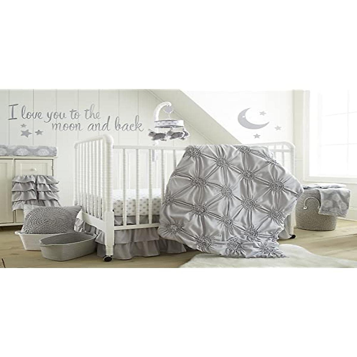 Levtex Baby - Willow Crib Bed Set - Baby Nursery Set - Grey - Soft Rosette Pintuck - 5 Piece Set includes Quilt, Fitted Sheet, Diaper Stacker, Wall Decal & Crib Skirt/Dust Ruffle
