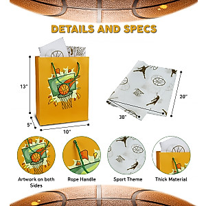 CoTa Global Basketball Gift Bag with Tissue Paper - Premium Large Gift Bag with String Handles, Reusable Orange Basketball Sport Gift Bag and Tissue Paper Set for Birthday and Occasions - 13 Inch