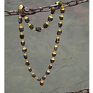 rudradivine Original Shaligram Shila Kantha with Gold Plated Cap Chain/Shaligram Big mala | Real Shaligram Stone from Gandak River Nepal | 32+1 Beads