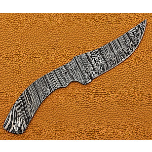 9.25 inches long trailing point blank blade skinning knife, hand forged Ladder Pattern Damascus steel blade, 4.5" scale with 3 Pin hole, 4.25" trailing point blade with 4" cutting edge