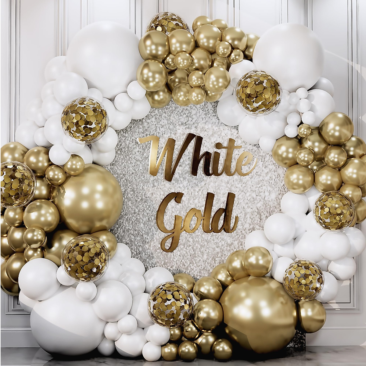 ALL-IN-1 White and Gold Balloons Garland & Arch Kit – Small and Large Gold and White Balloons – Party Decorations for Wedding, Birthday, Bridal Shower, Baby Shower, Graduation, Confetti