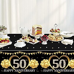 Eiurteao 3 Pack 50th Anniversary Tablecloth Decorations, Black Gold Happy 50th Wedding Anniversary Table Cover Party Supplies, Fifty Years Anniversary Plastic Disposable Rectangular Table Cloth Decor