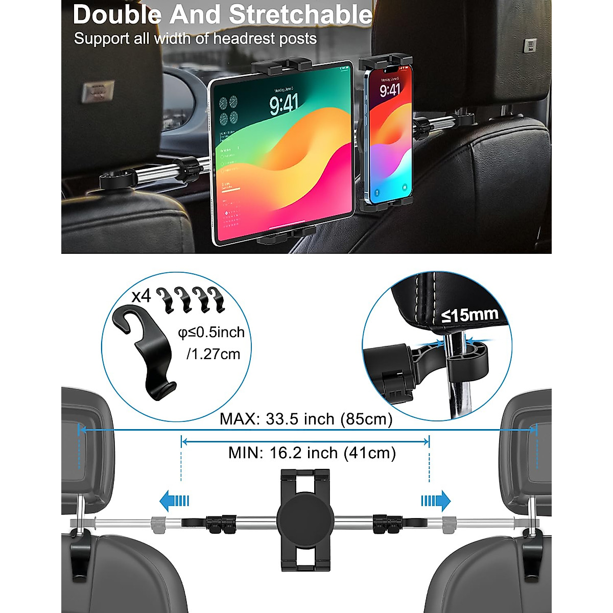 woleyi Car Headrest Tablet Holder Mount - [Anti Shake & Stretchable] Tablet Holder Back Seat for Car Between Kids Stand, for iPad Pro Air Mini, Galaxy Tab, Kindle Fire, Switch, iPhone, 4.7-13" Devices