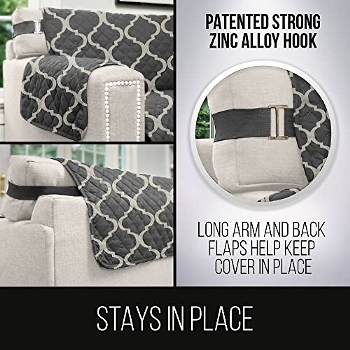Sofa Shield Couch Slip Cover with Patented Strap, Cushion Protector, Reversible Stain and Dog Tear Resistant Slipcover, Quilted Microfiber 70” Seat Washable Covers, Pet Dogs Quatrefoil Charcoal Linen