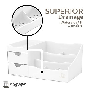 Uncluttered Designs Makeup Organizer With Drawers — Modern Countertop Storage for Cosmetics — Chic Vanity Holder for Perfume, Skincare, Brush, Lipstick, Nail Polish Organization and Display (White)