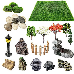Cayway 26 PCS Outdoor Fairy Garden Miniatures Mini Zen Garden Accessories, Artificial Garden Grass, Model Trees, Terrarium Ornaments, Dollhouse Supplies, Bonsai Decorative Craft Tools Kit