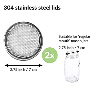 2 Pack Seed Sprouting Jar Lids | For 2.75" Regular Mouth Mason Jars | Fresh Sprouts at Home | Strainer Screen for Canning Jars | 304 Stainless Steel Lid for Growing Broccoli, Alfalfa, Beans & More