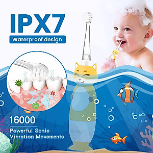 YUNCHI Baby Toothbrush, Toddler Toothbrush Age 0-4 Years, K3 Sonic Baby Electric Toothbrush with LED Smart Timer, BPA Free Baby Toothbrush 0 Months and up, Baby Toddler Electric Toothbrush 4 Heads