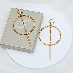 14k Gold Hoops Earrings for Women, High Polished Dangly Bar earrings Cute and Aesthetic Women Girls