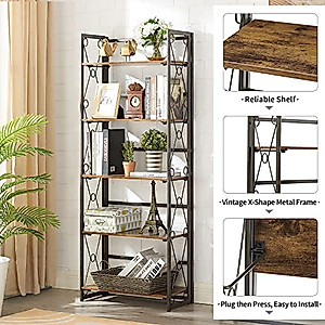 VECELO 5 Tier Folding Bookshelf, 2-Step Assembly Foldable Bookcase, Collapsible Book Shelves with Metal Lace X Frame and Anti-Toppling Design,Antique Brown,Set of 2